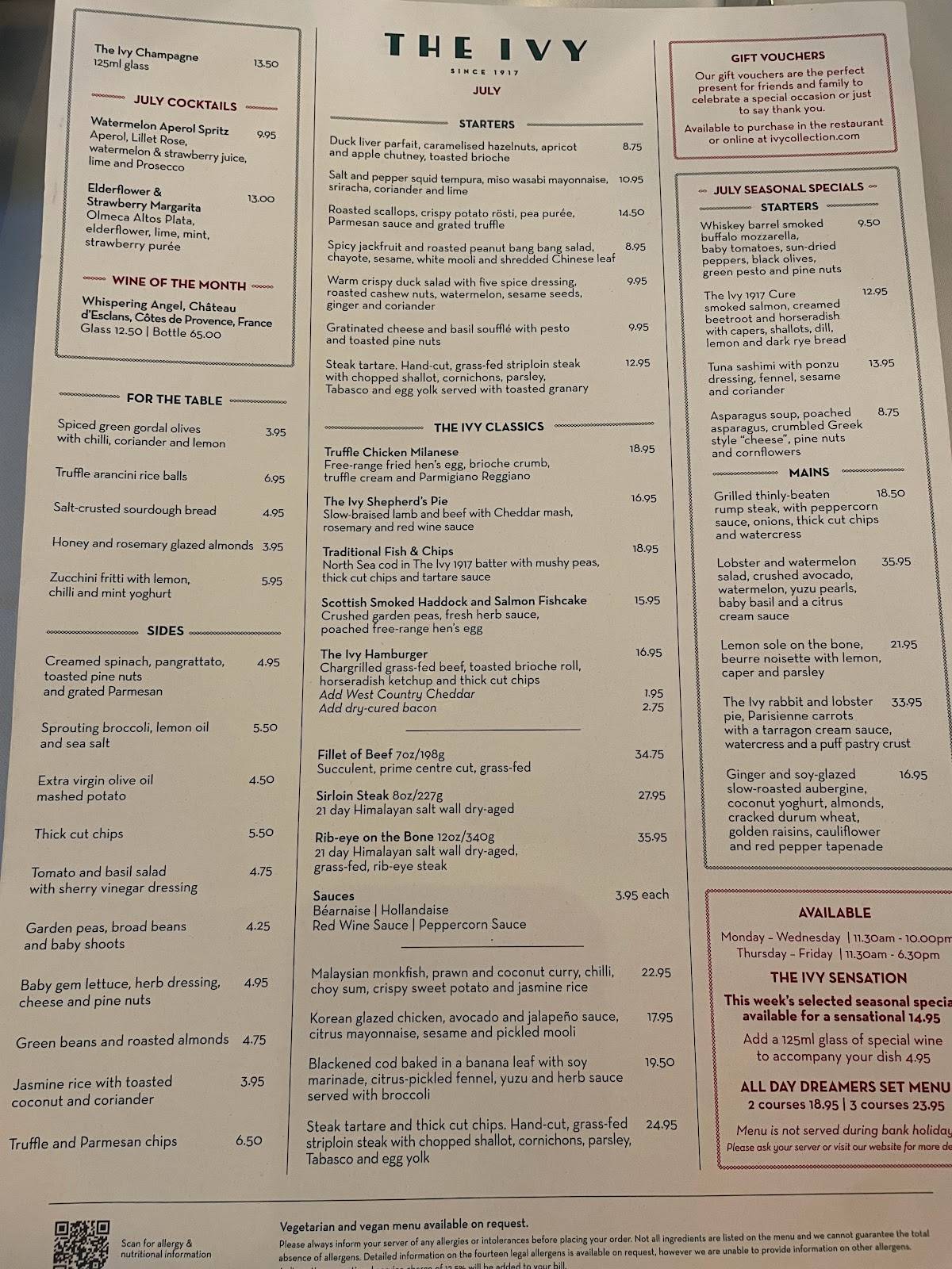 Menu at The Ivy Spinningfields Manchester restaurant, Manchester