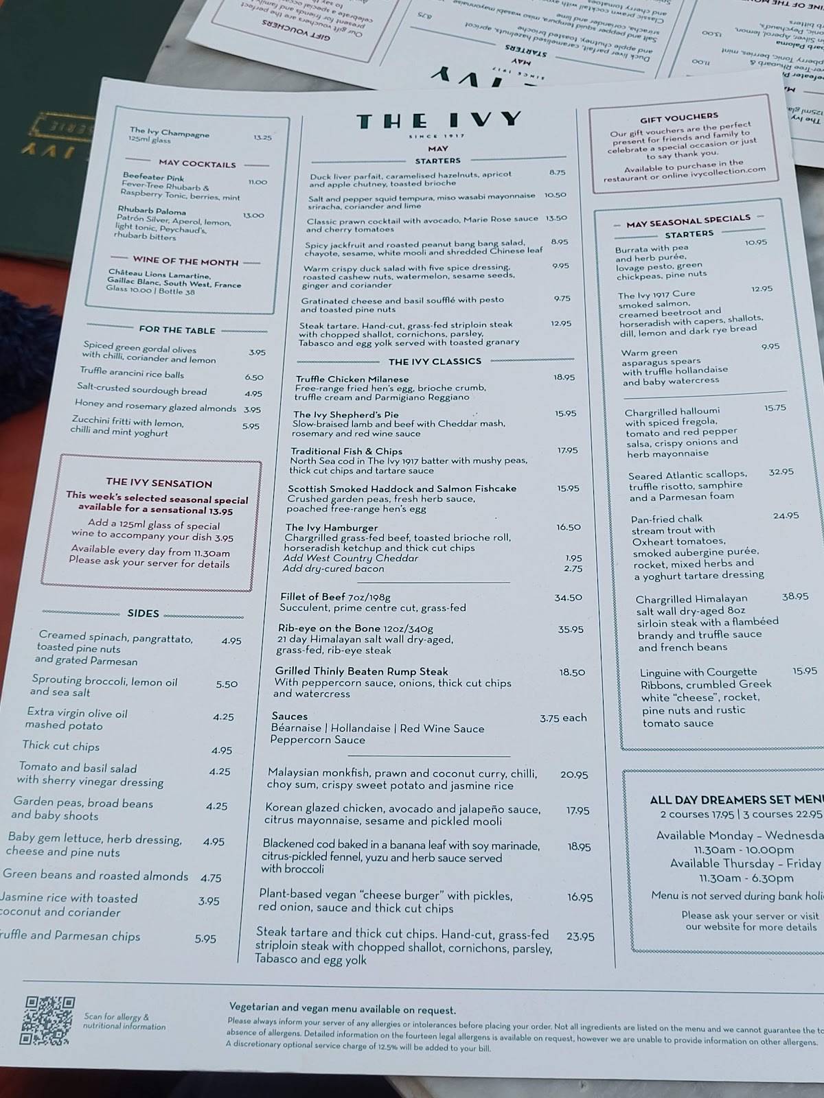 Menu at The Ivy Spinningfields Manchester restaurant, Manchester
