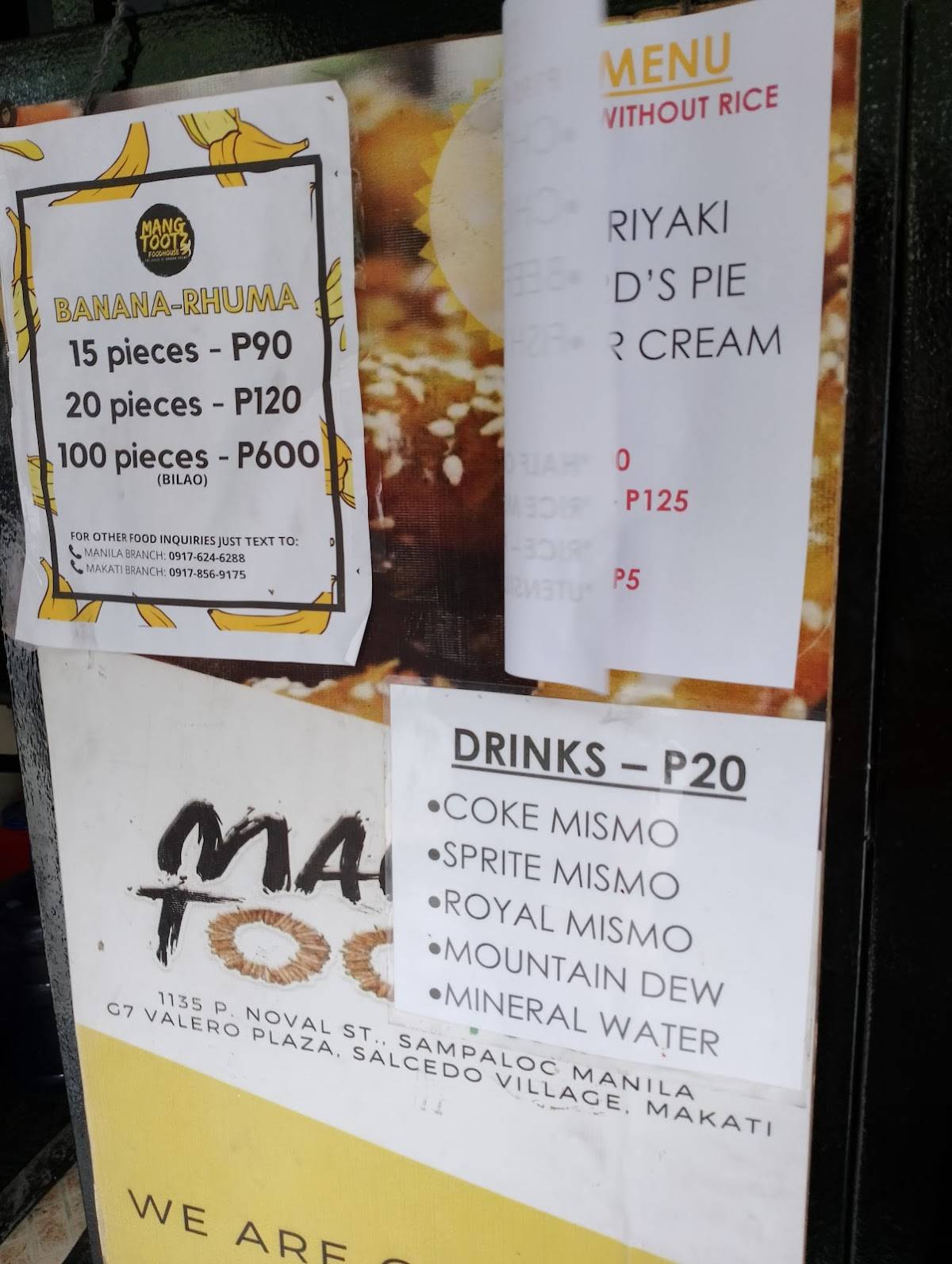 Menu at Mang Tootz Foodhouse restaurant, Manila