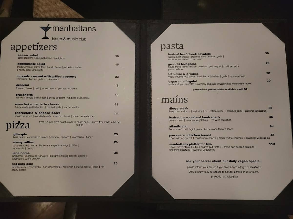 Menu at Manhattans Bistro & Music Club, Guelph
