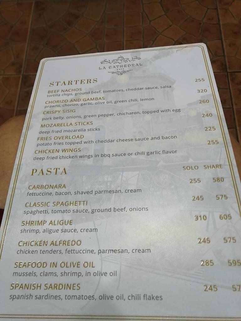 Menu at La Cathedral Cafe, Manila