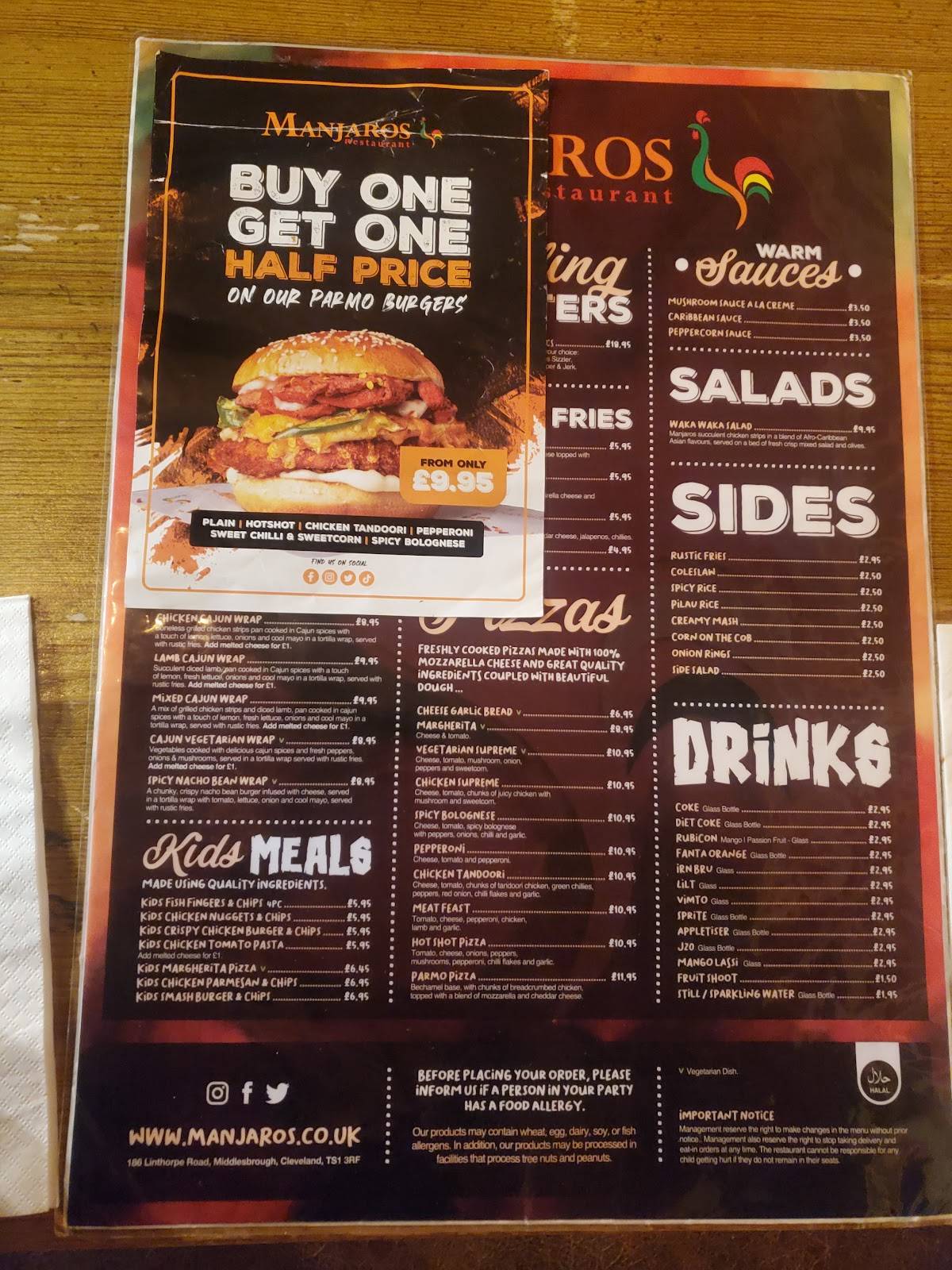 Menu at Manjaros Restaurant Middlesbrough, Middlesbrough, 186 Linthorpe Rd