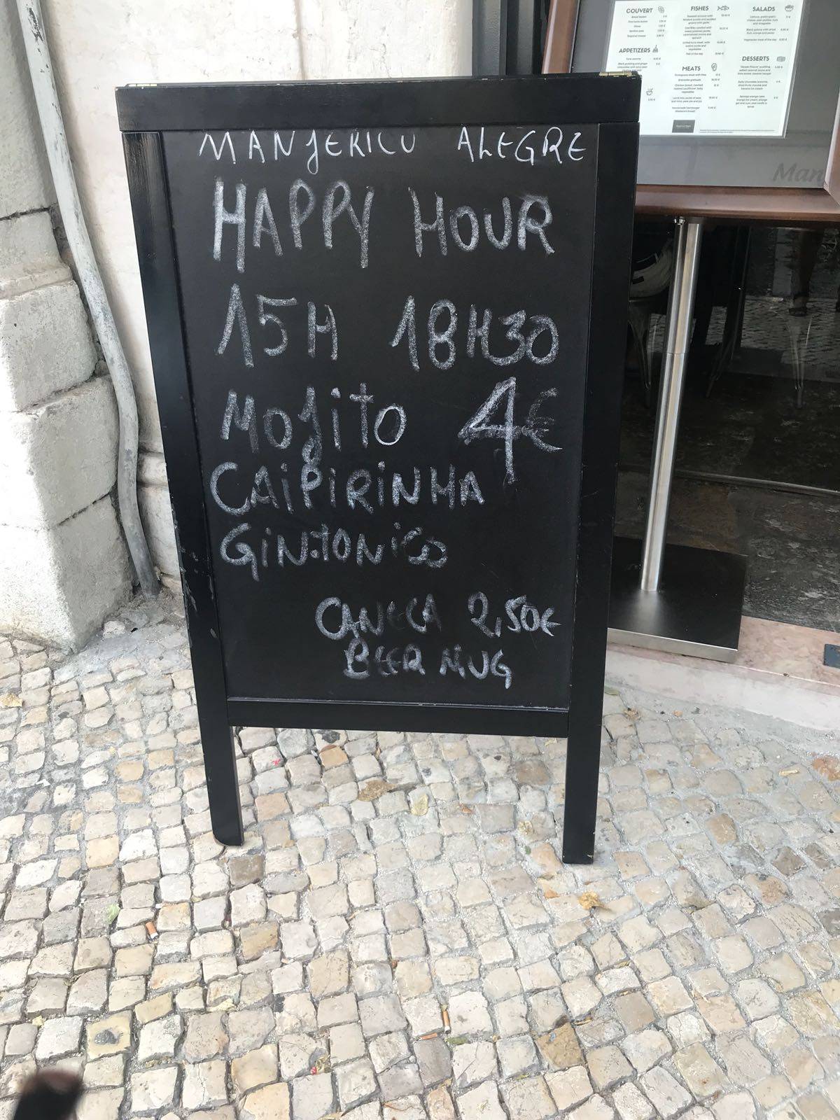 Menu at Manjerico Alegre restaurant, Lisbon