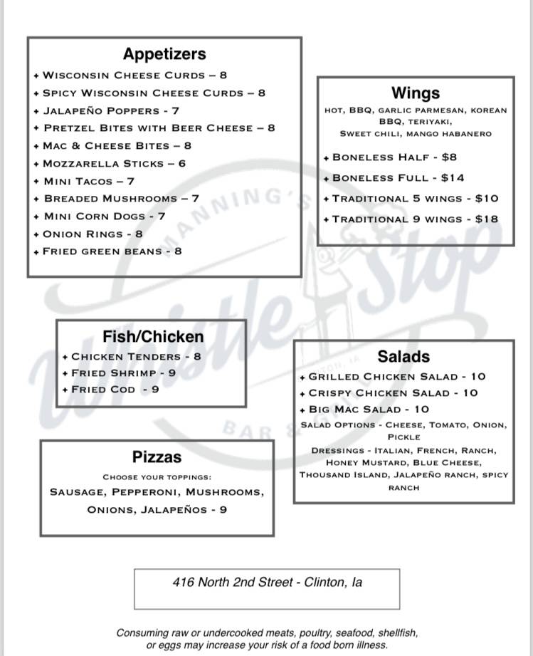 Menu at Manning's Whistle Stop pub & bar, Clinton