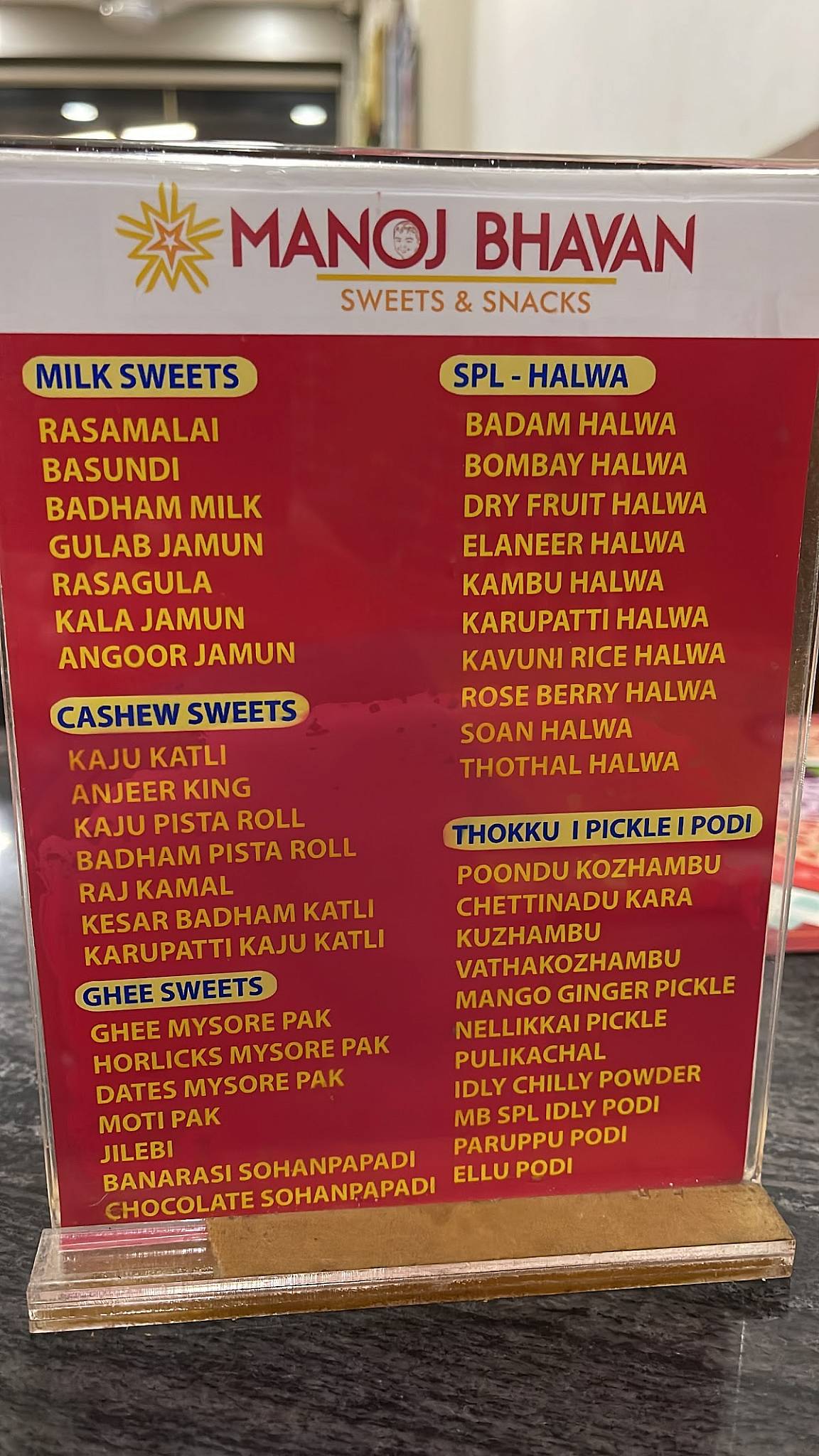 Menu at Manoj Bhavan Veg Restaurant, Chennai