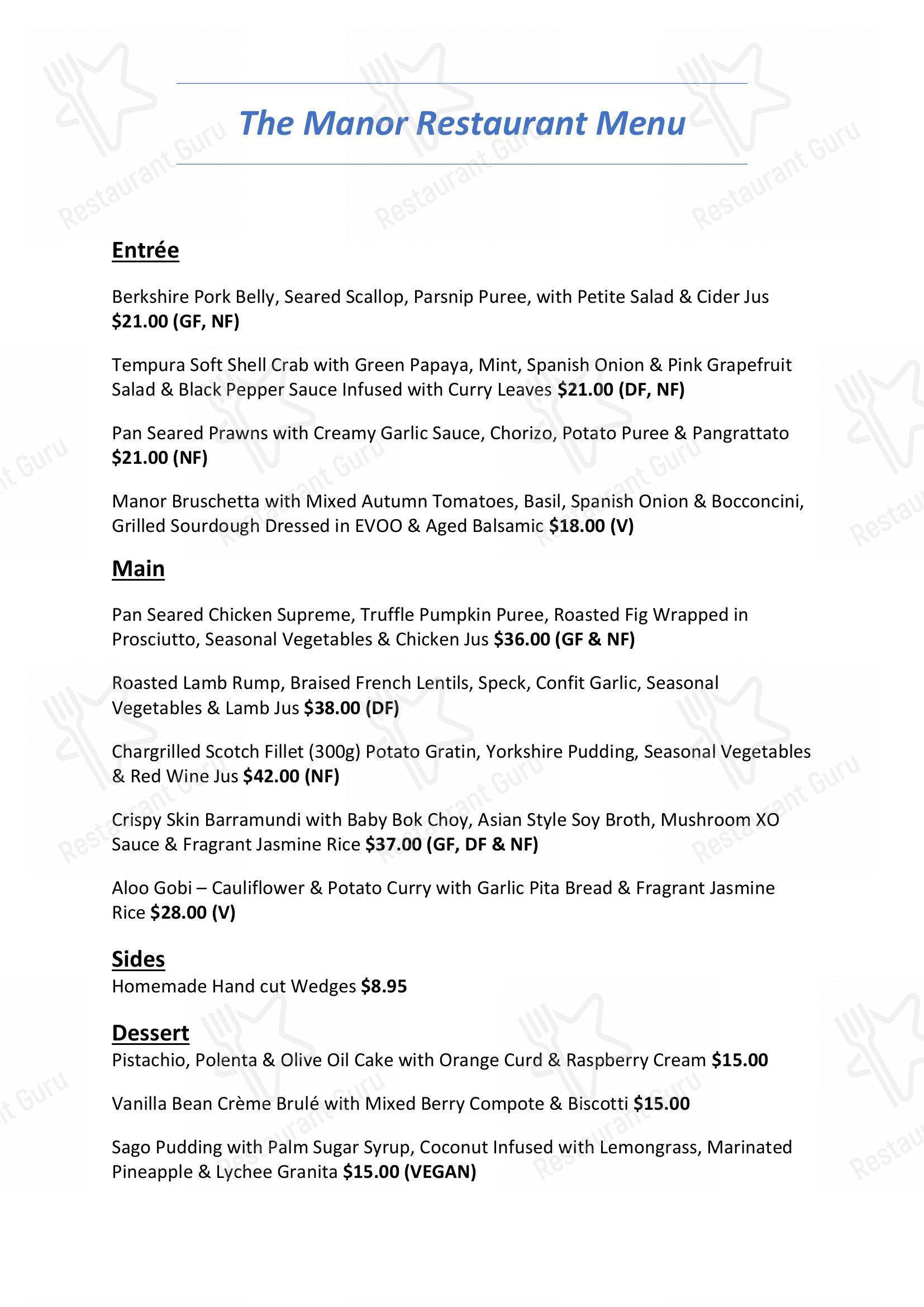 Menu at Manor Restaurant at Cotswold Gardens, Armidale