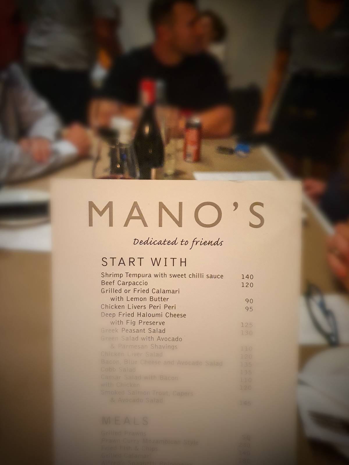 Menu at Mano's restaurant, Cape Town