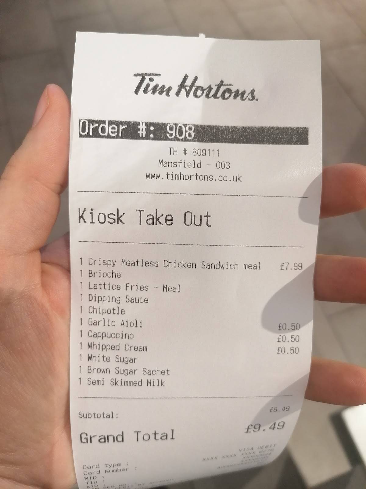 Menu at Tim Hortons restaurant, Mansfield