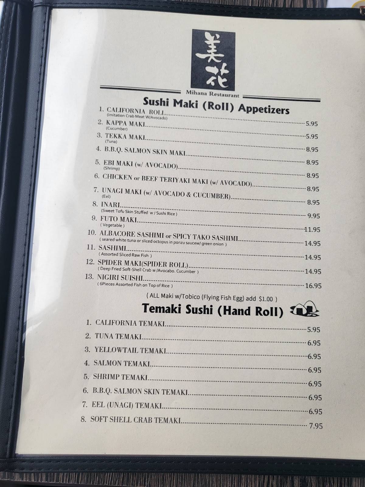 Menu at Mihana Sushi restaurant, Manteca