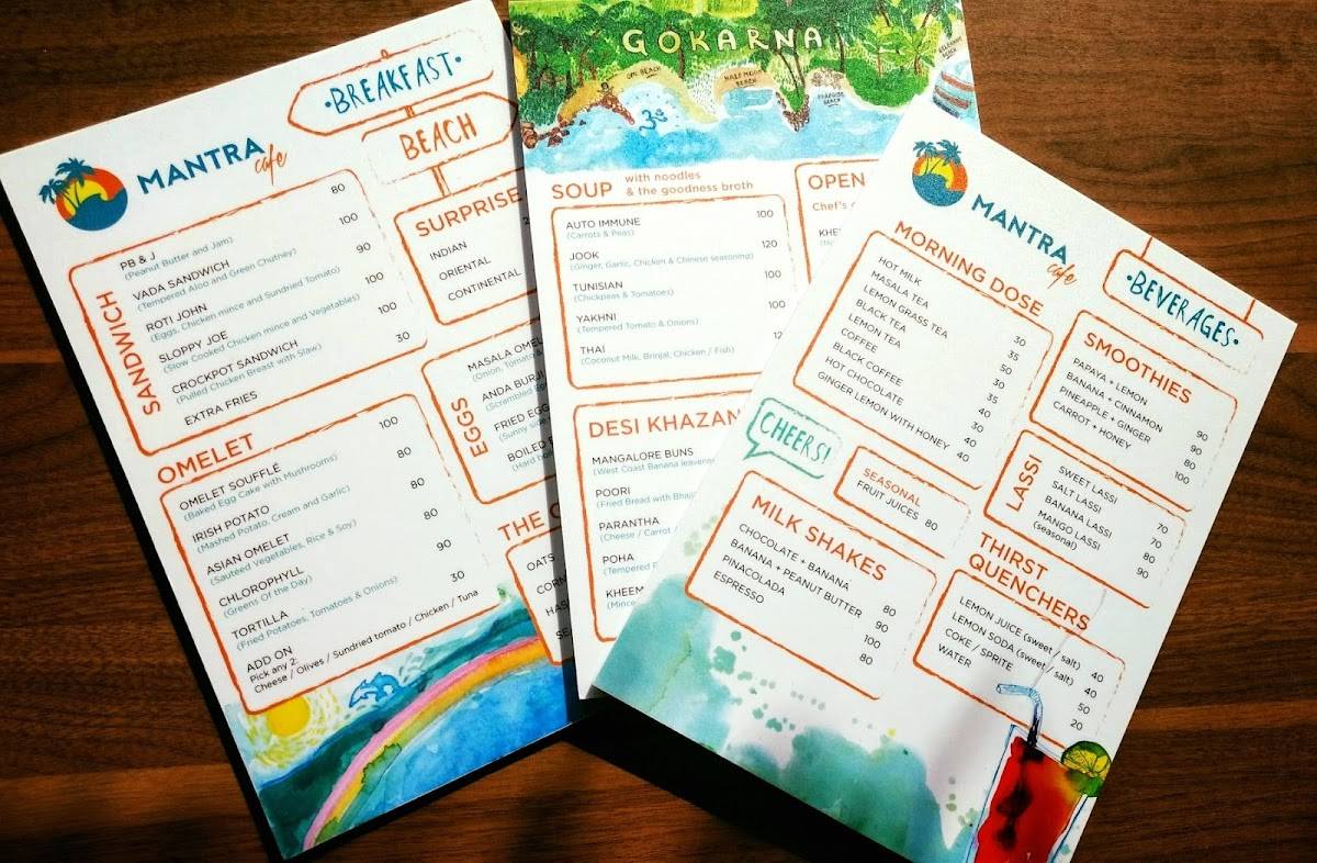 Menu at Mantra Cafe, Gokarna