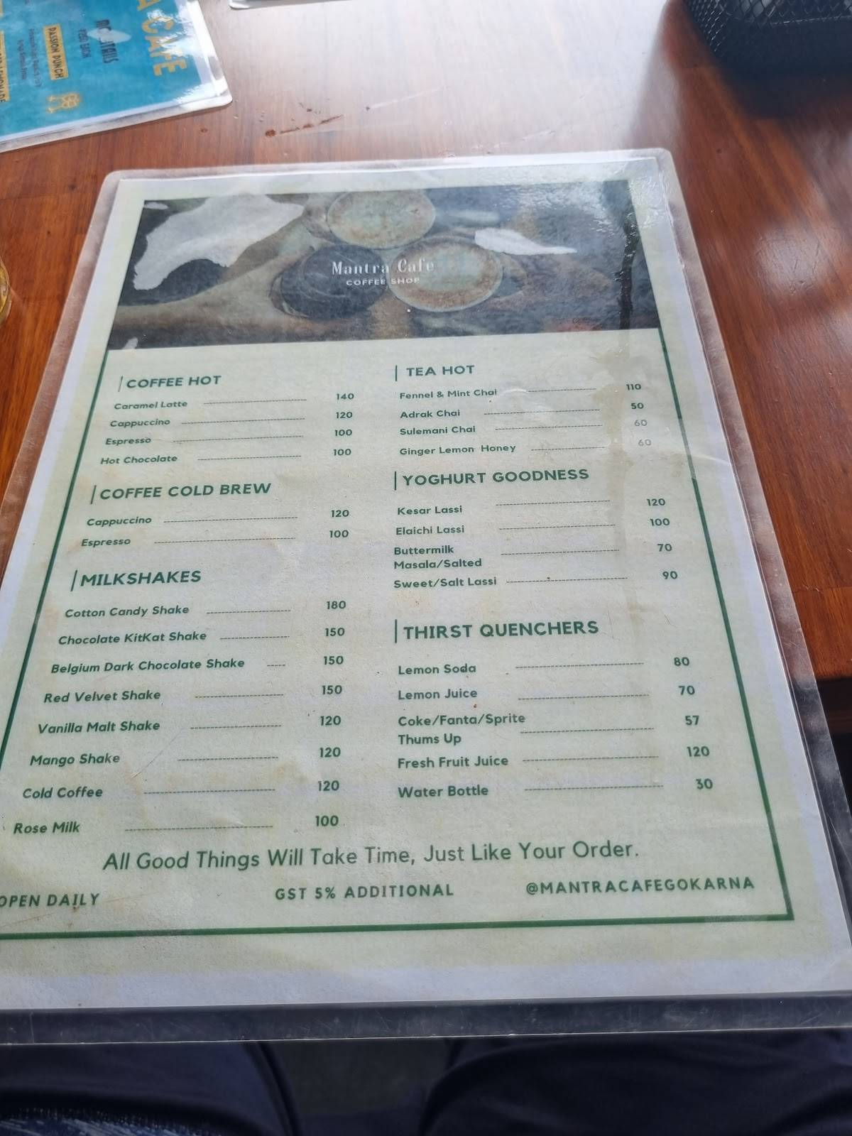 Menu at Mantra Cafe, Gokarna
