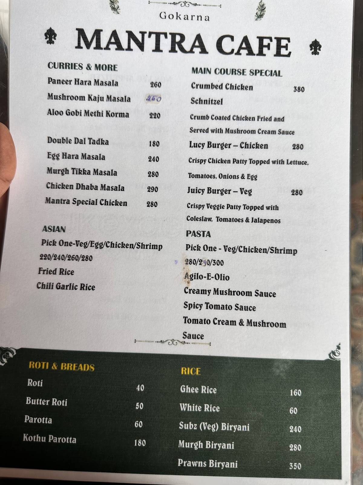 Menu at Mantra Cafe, Gokarna