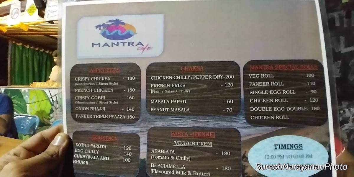 Menu at Mantra Cafe, Gokarna