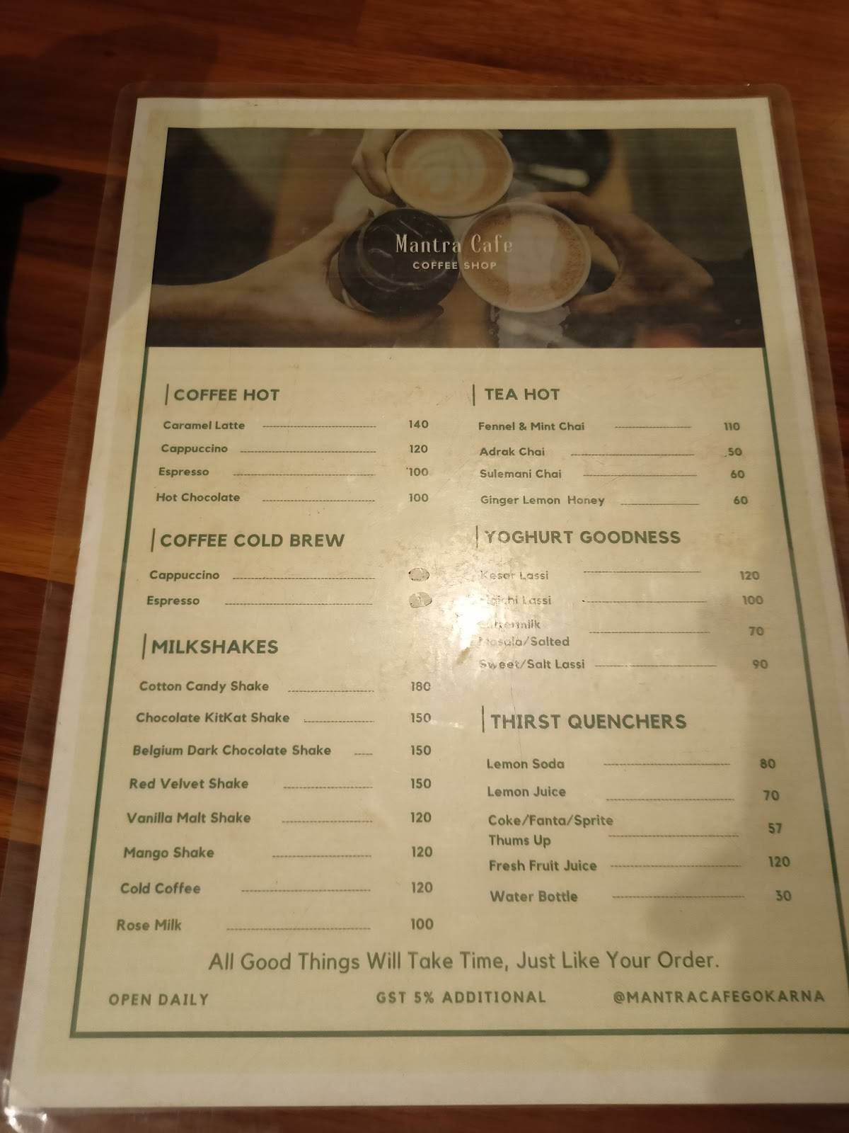 Menu at Mantra Cafe, Gokarna