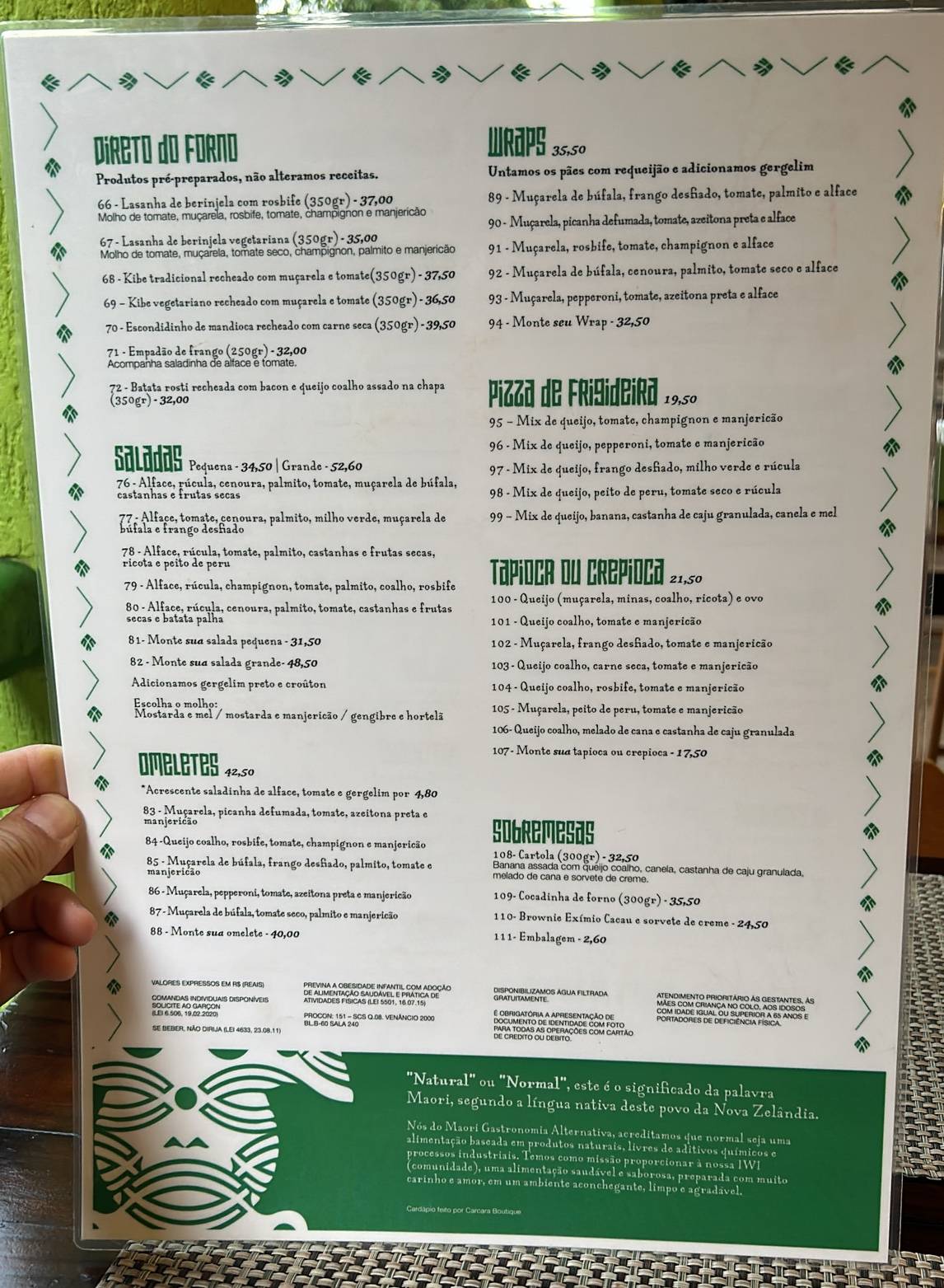 Carta del restaurante Maori Gastronomia, Brasília