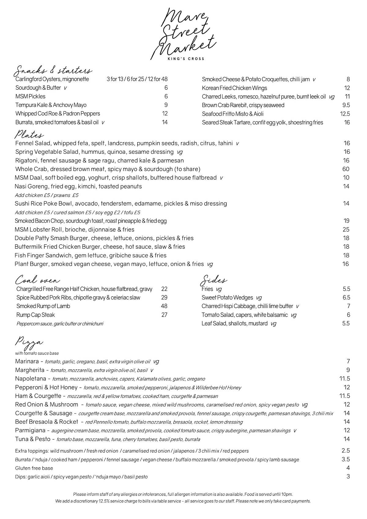 Menu at Mare Street Market Kings Cross restaurant, London