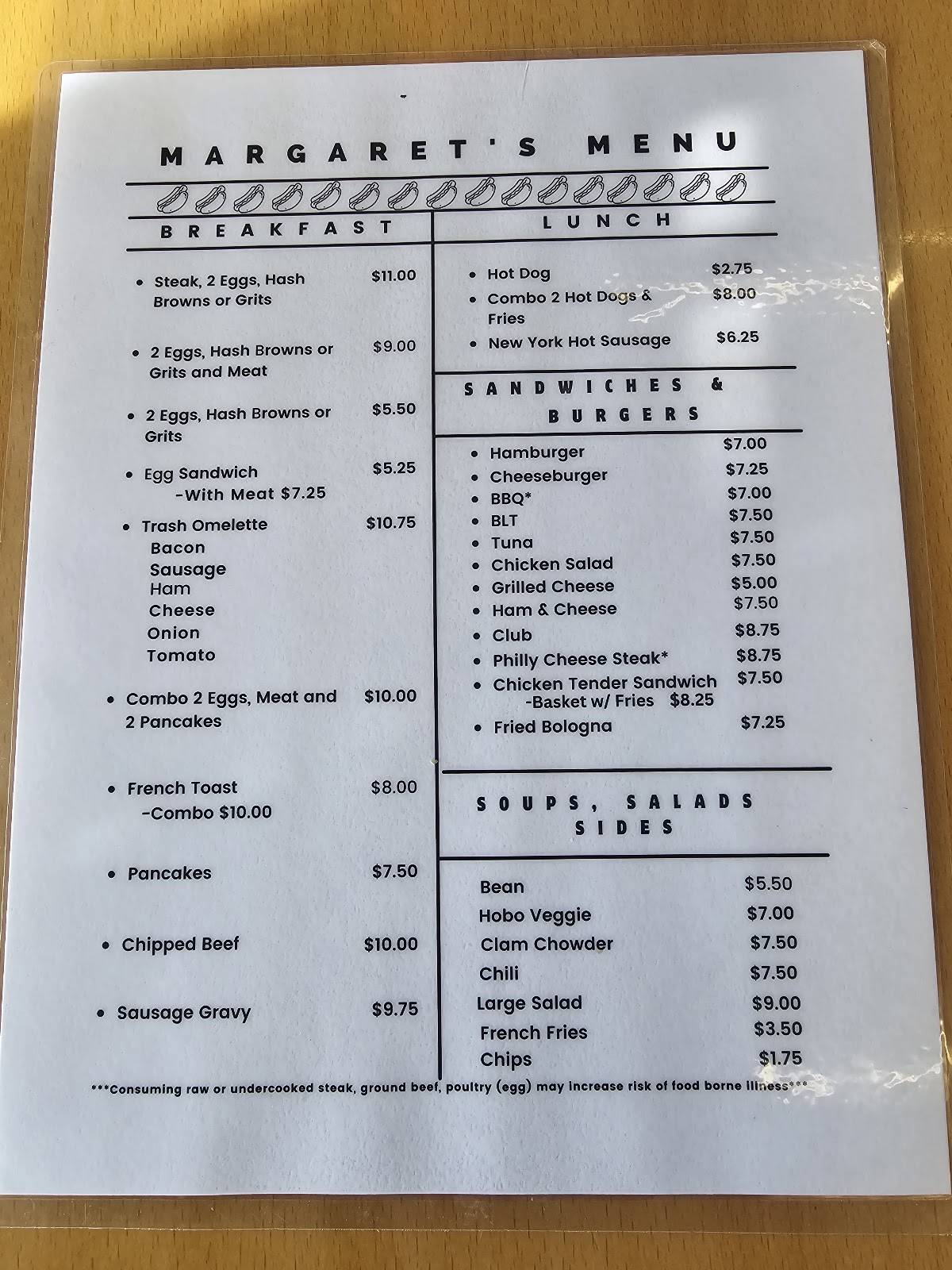 Menu at Margaret's restaurant, Virginia Beach
