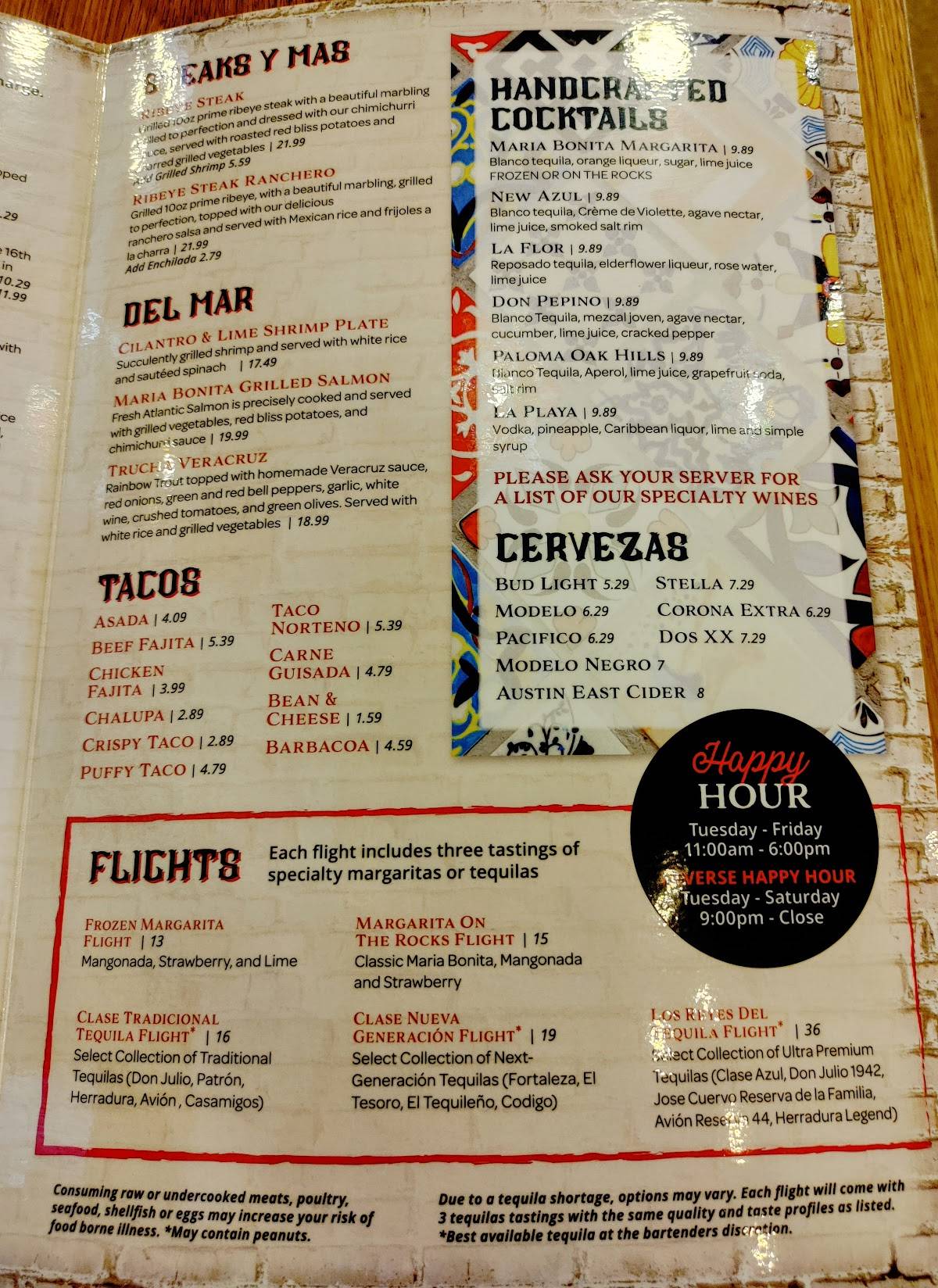 Menu at Maria Bonita Restaurant, San Antonio, 350 Northaven Dr