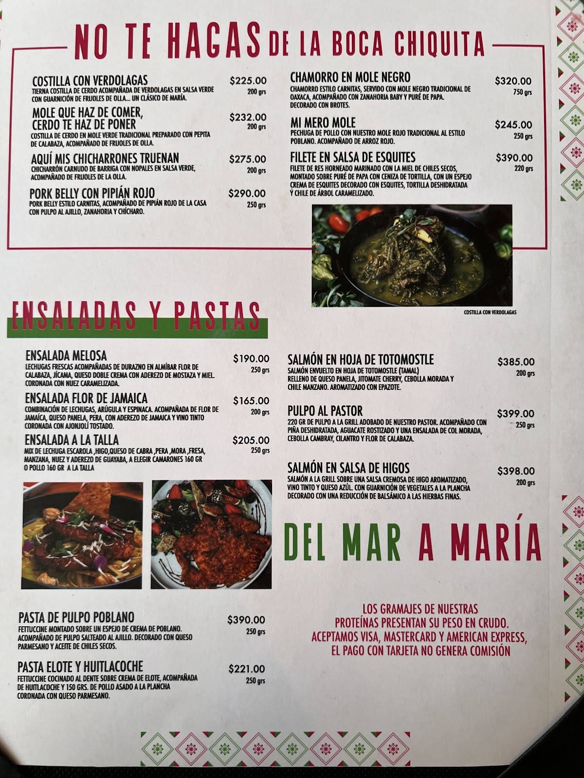 Carta del restaurante María Curandera, San Miguel Totocuitlapilco