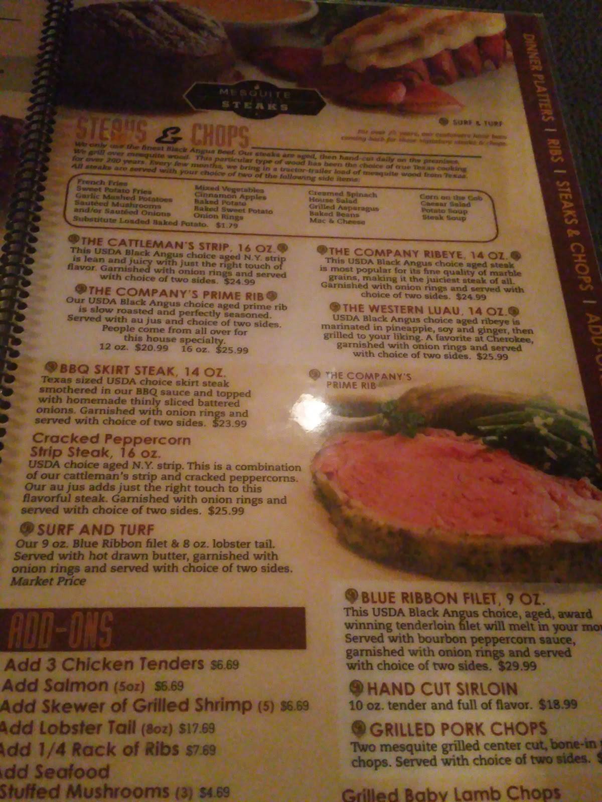 Menu at Cherokee Chophouse steakhouse, Marietta