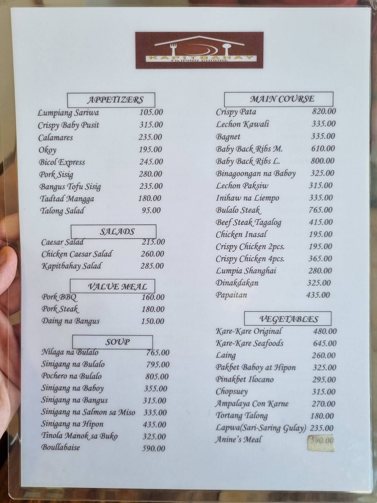 Carta del restaurante Kapitbahay Filipino Cuisine, Mariquina