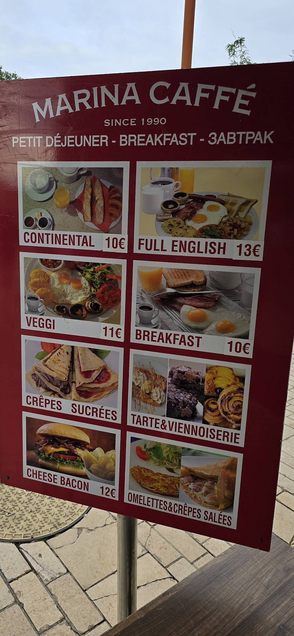 Menu at Marina Caffé pizzeria, Cannes