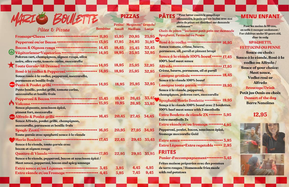 Menu au Mario Boulette Pâtes & Pizzas pizzeria, Châteauguay
