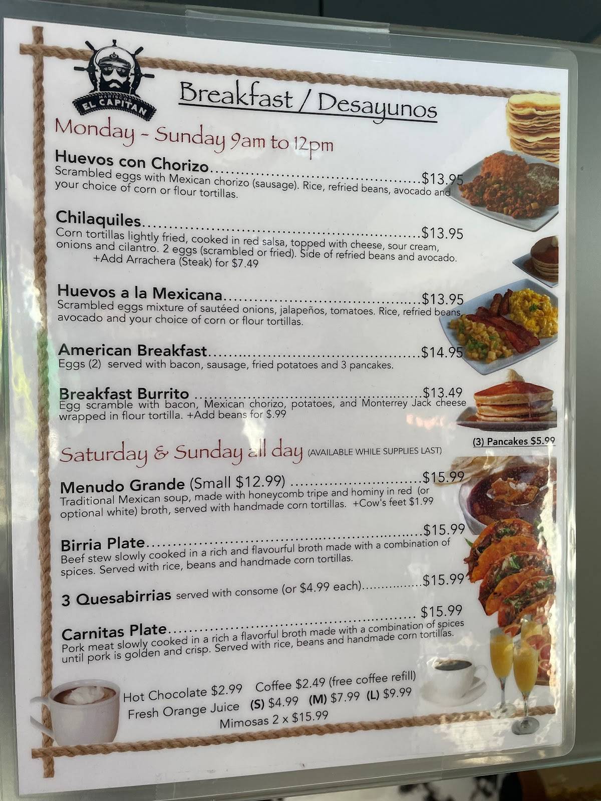 Menu at Mariscos El Capitan restaurant, Yuba City