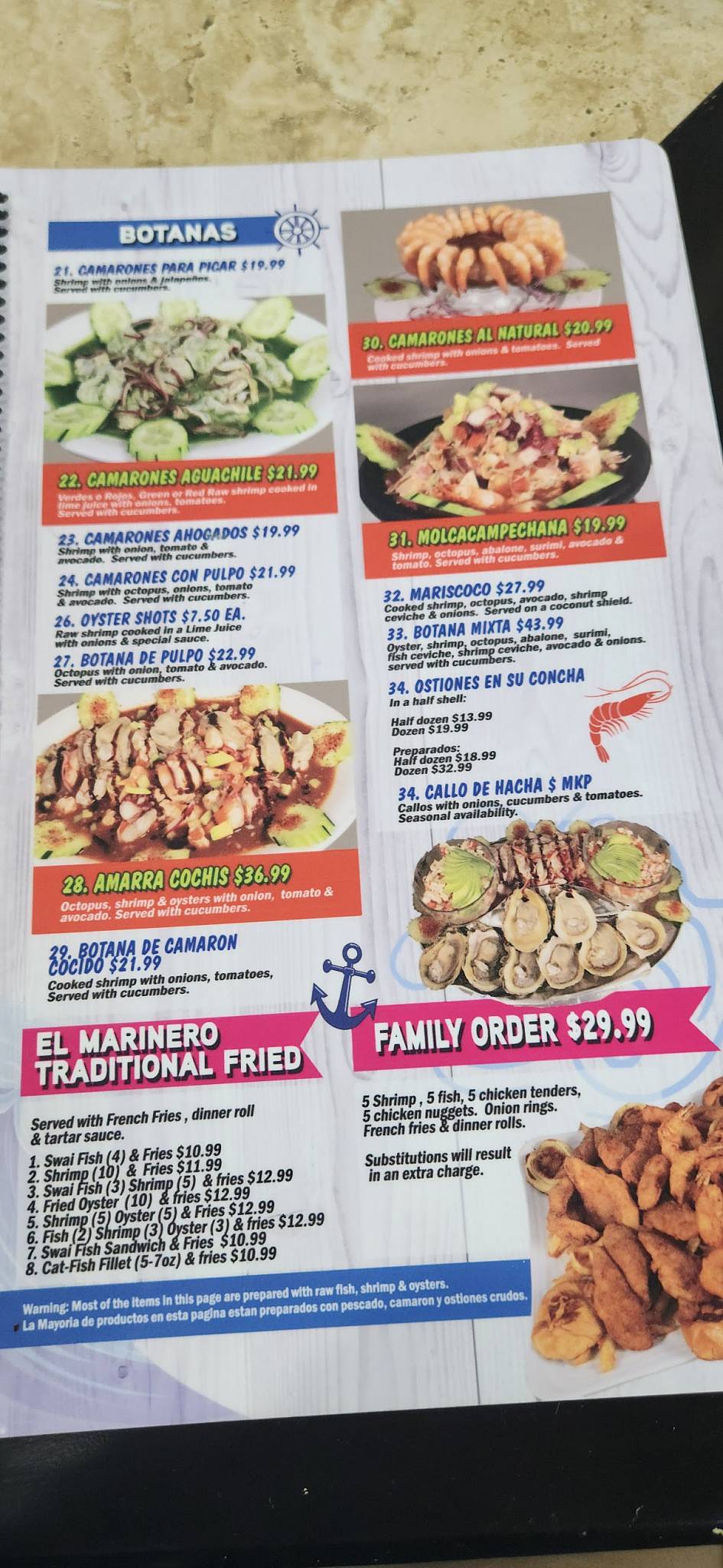Menu at Mariscos El Marinero restaurant, San Antonio, McCullough Ave