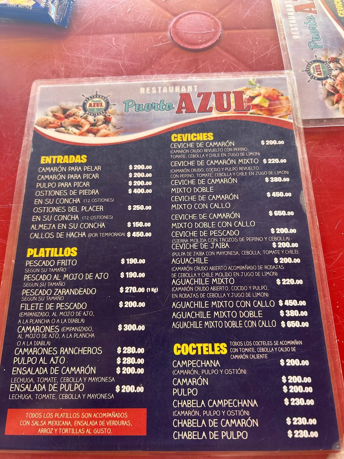 Menu at Mariscos Puerto Azul restaurant, Mazatlán, Malecón de Mazatlán S/N