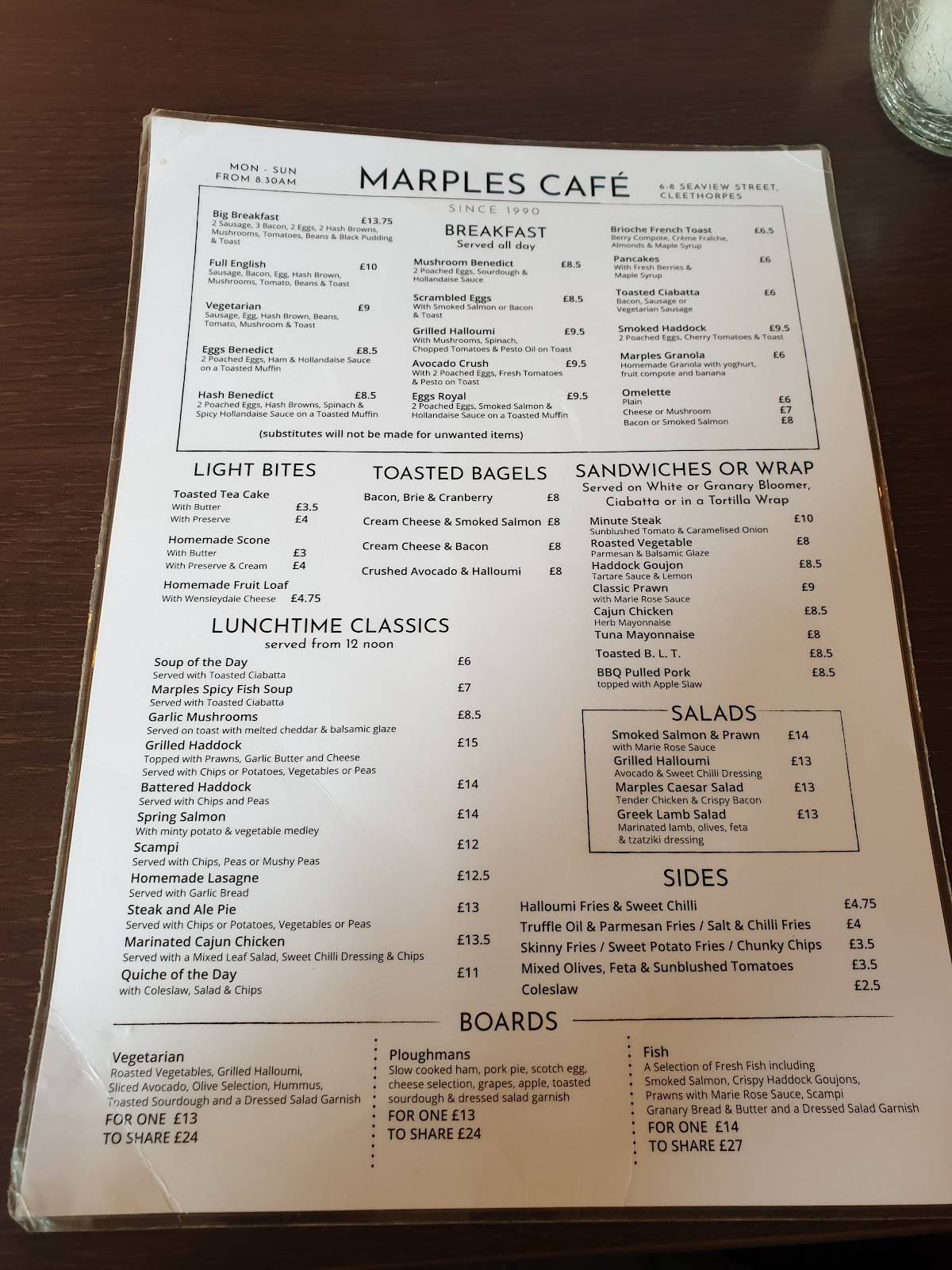 Menu at Marples cafe, Cleethorpes