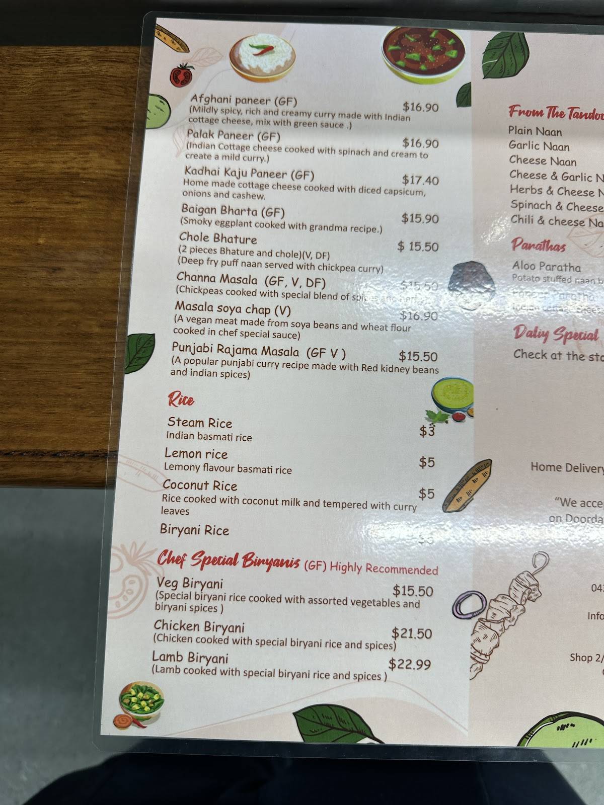 Menu at Masala Darbar, Kin Kora