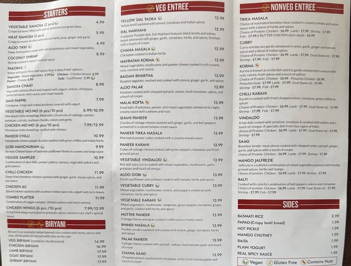 Menu at Masala House restaurant, Raleigh