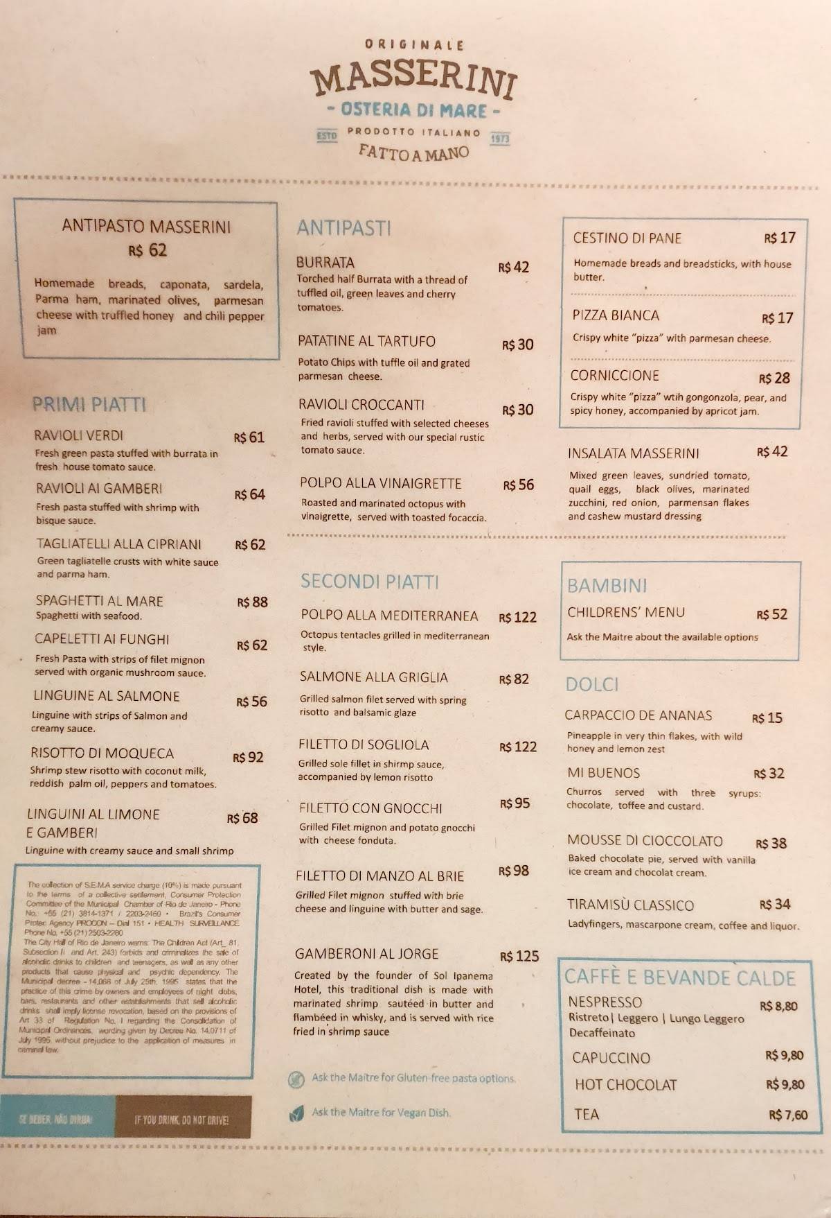 Menu em Restaurante Masserini Osteria di Mare, Rio de Janeiro
