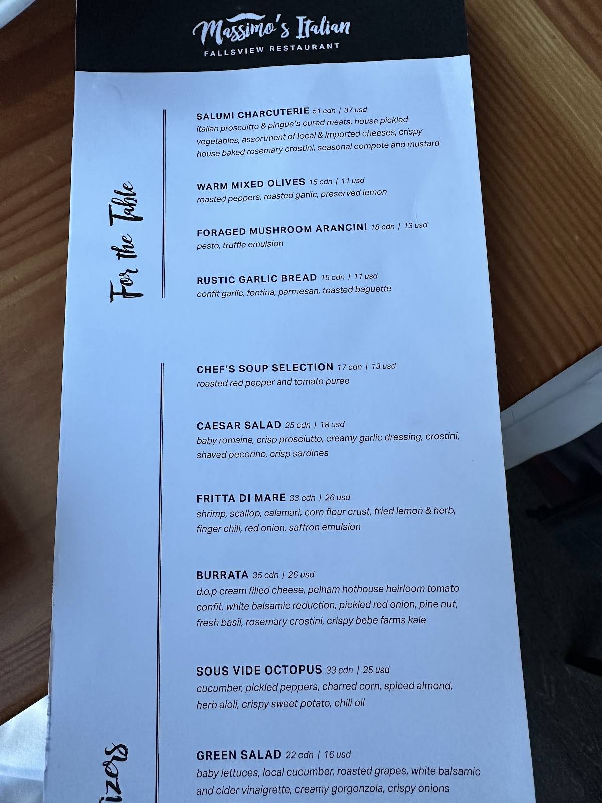 Menu at Massimo’s Italian Fallsview Restaurant, Niagara Falls