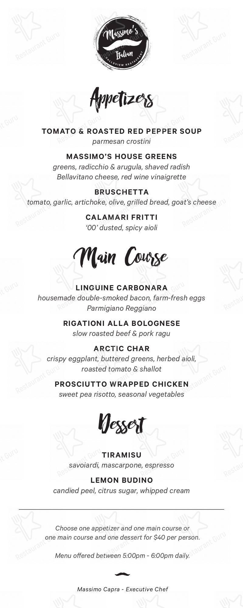 Menu at Massimo’s Italian Fallsview Restaurant, Niagara Falls