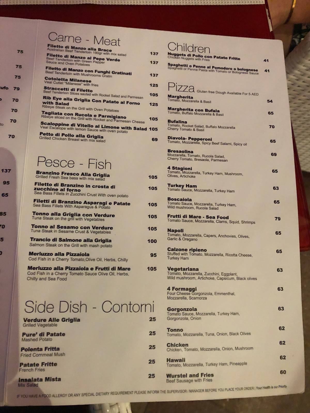 Menu at Massimo's Italian Restaurant, Dubai