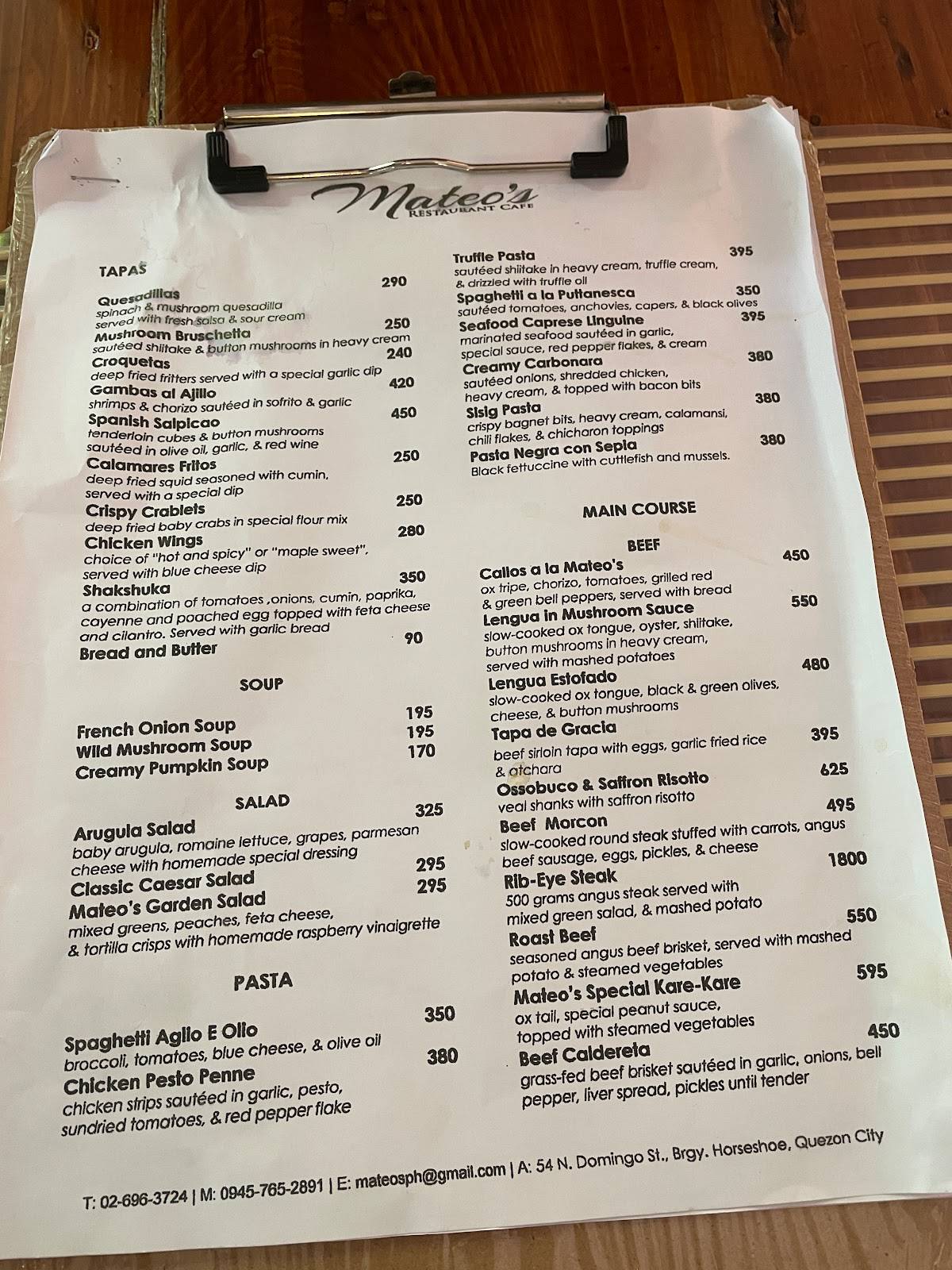 Menu at Mateo’s cafe, Quezon City