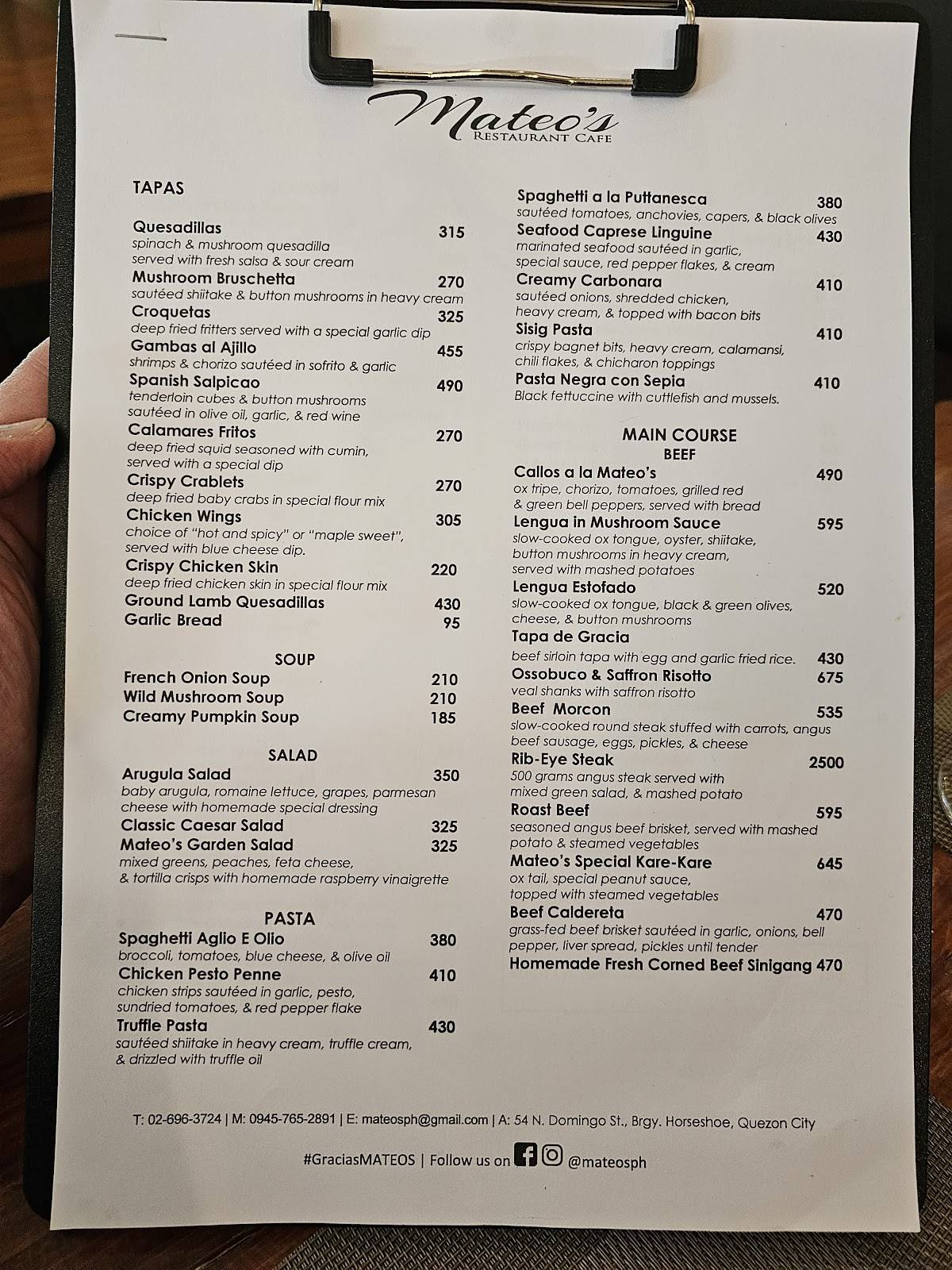 Menu at Mateo’s cafe, Quezon City