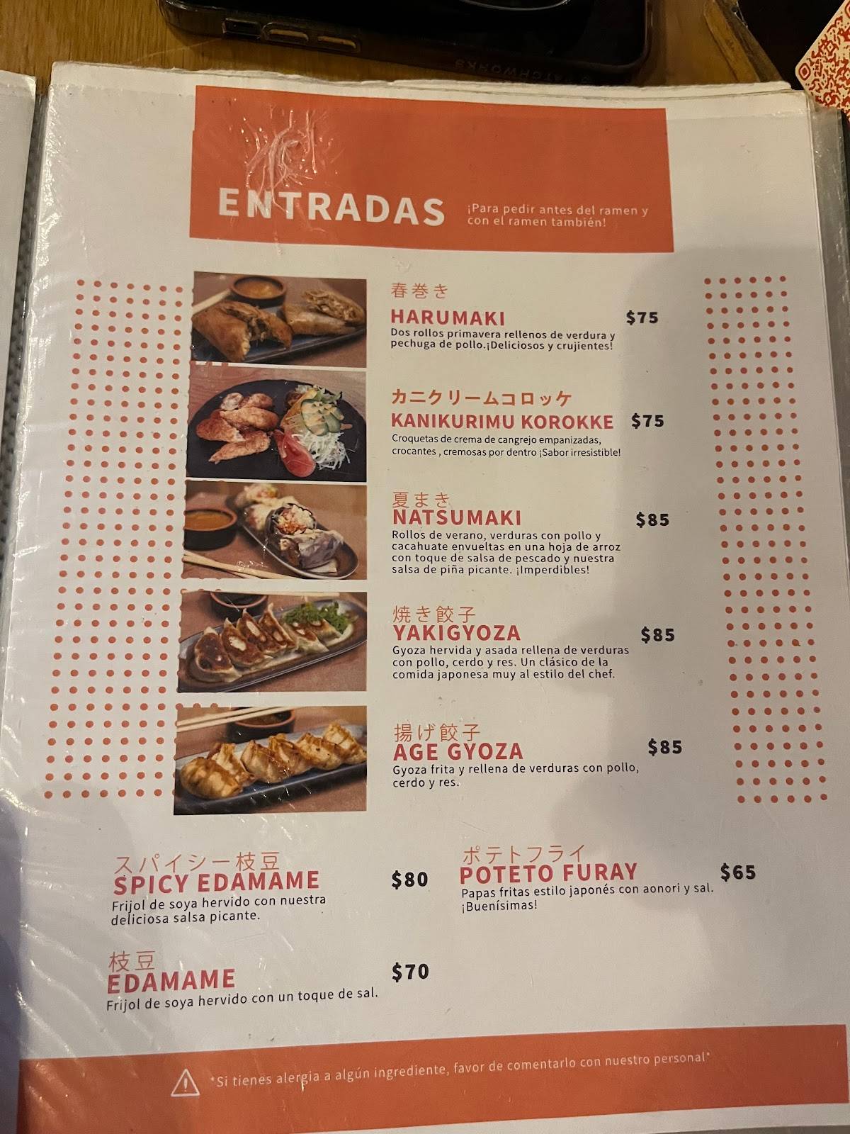 Carta del restaurante Matsuri Ramen, Saltillo