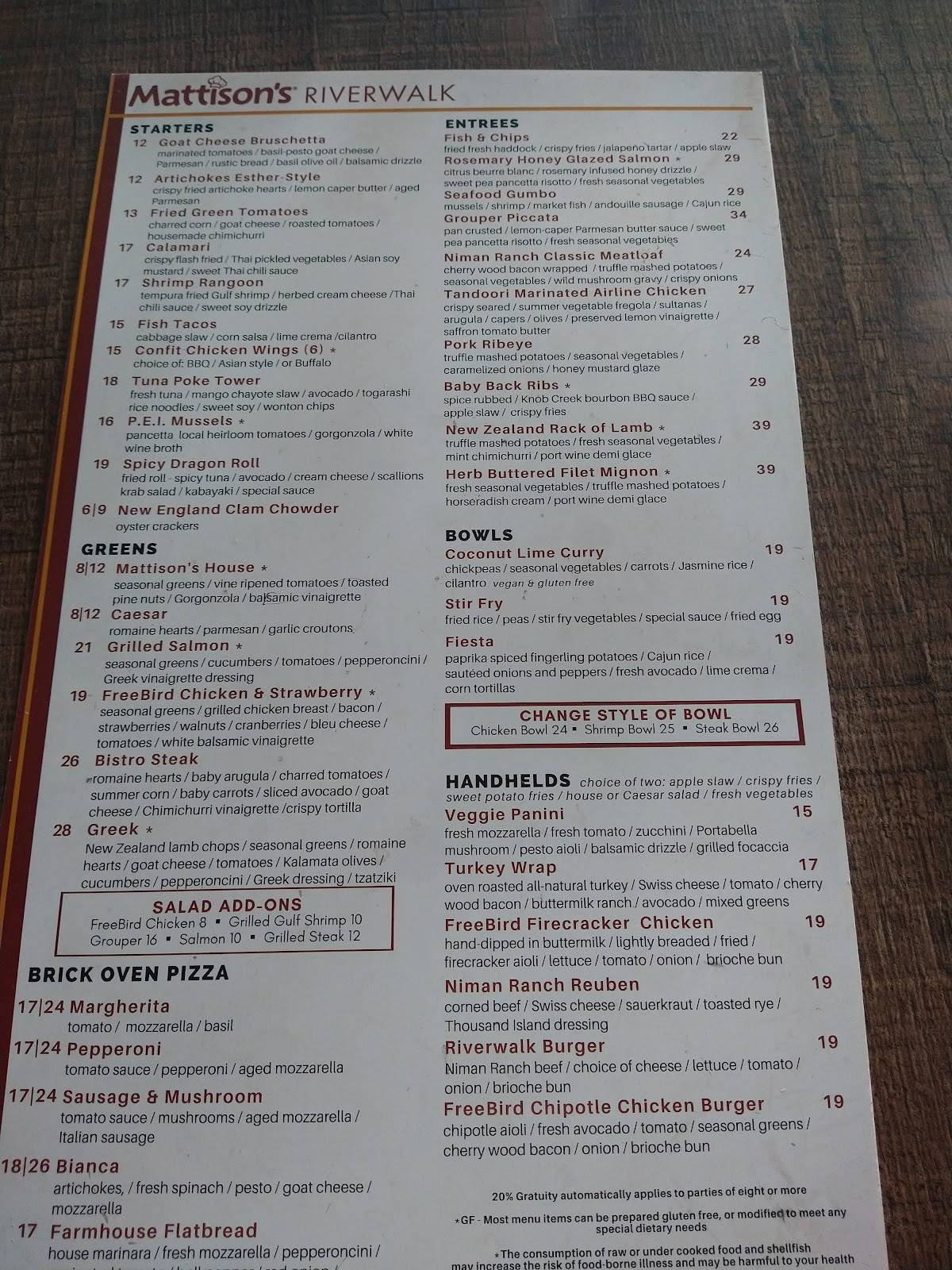 Menu at Mattison's Riverwalk restaurant, Bradenton, 101 Riverfront Blvd ...