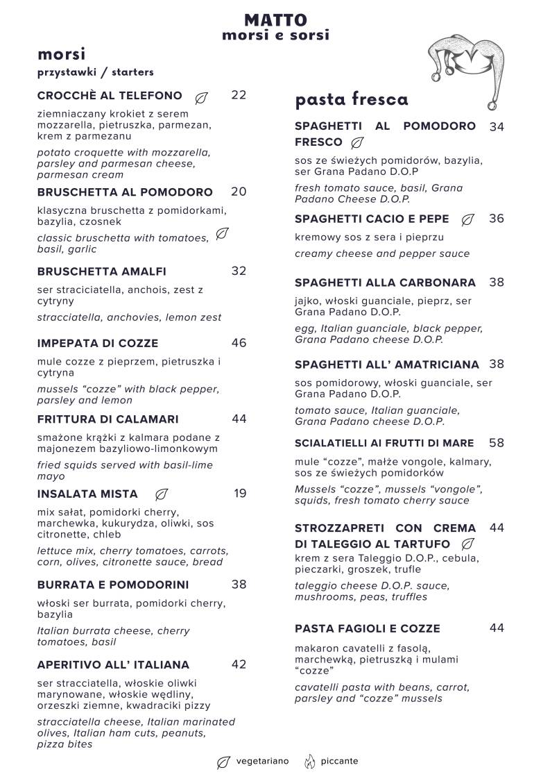 Menu at Matto restaurant, Warsaw