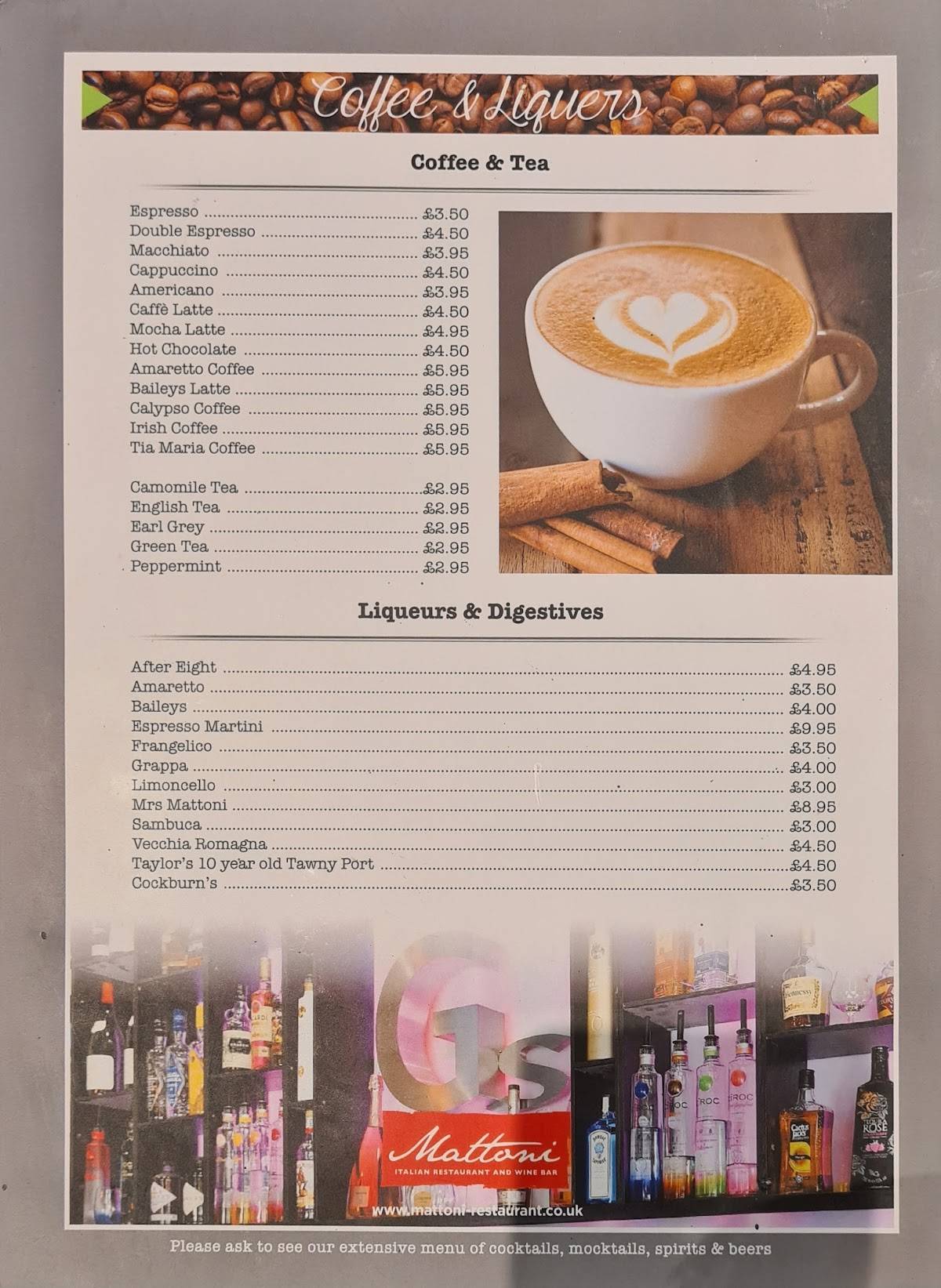 Menu at Mattoni Restaurant, Peterborough, 114 Four Chimneys Cres