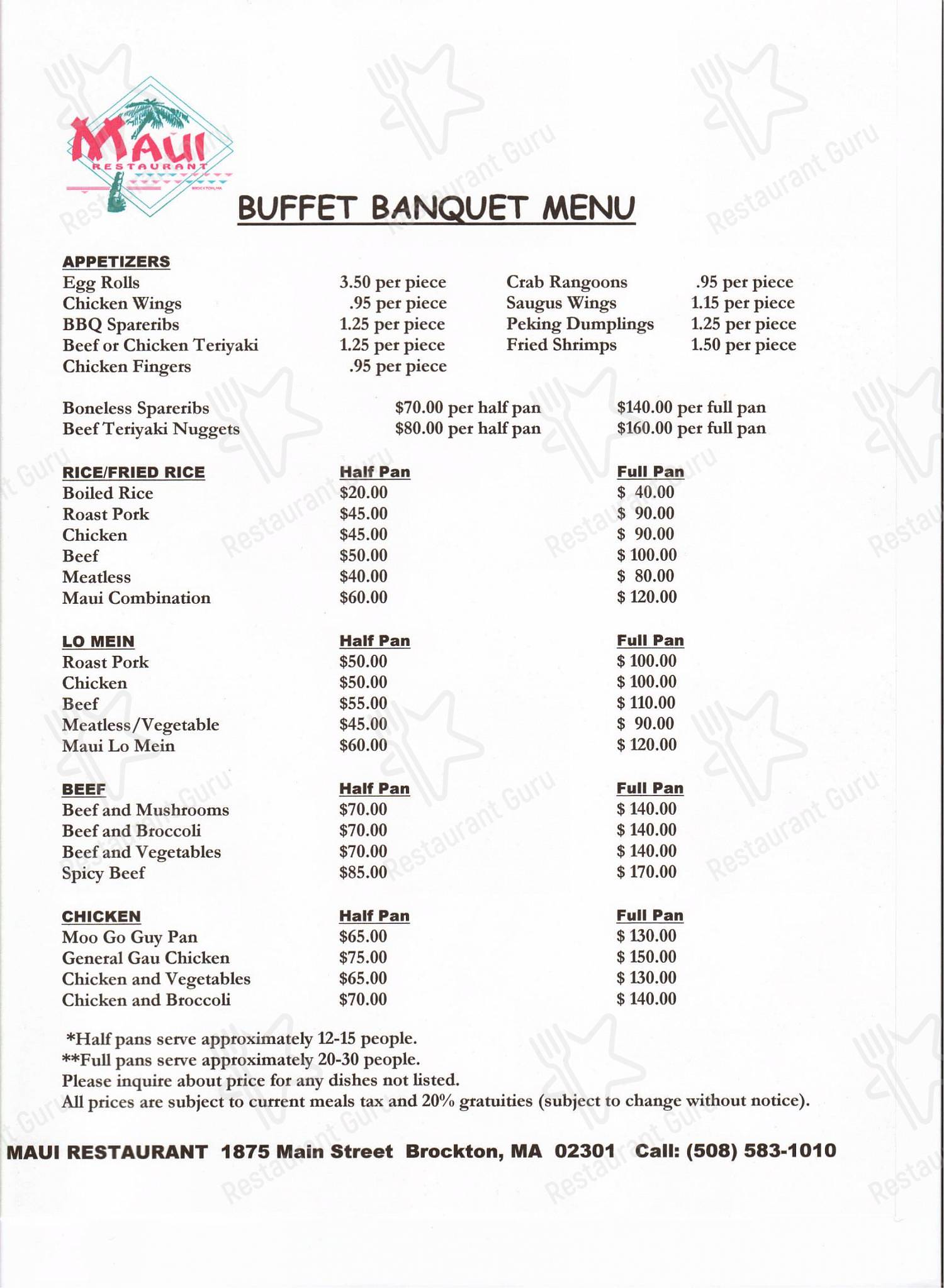 Menu at Maui Restaurant, Brockton