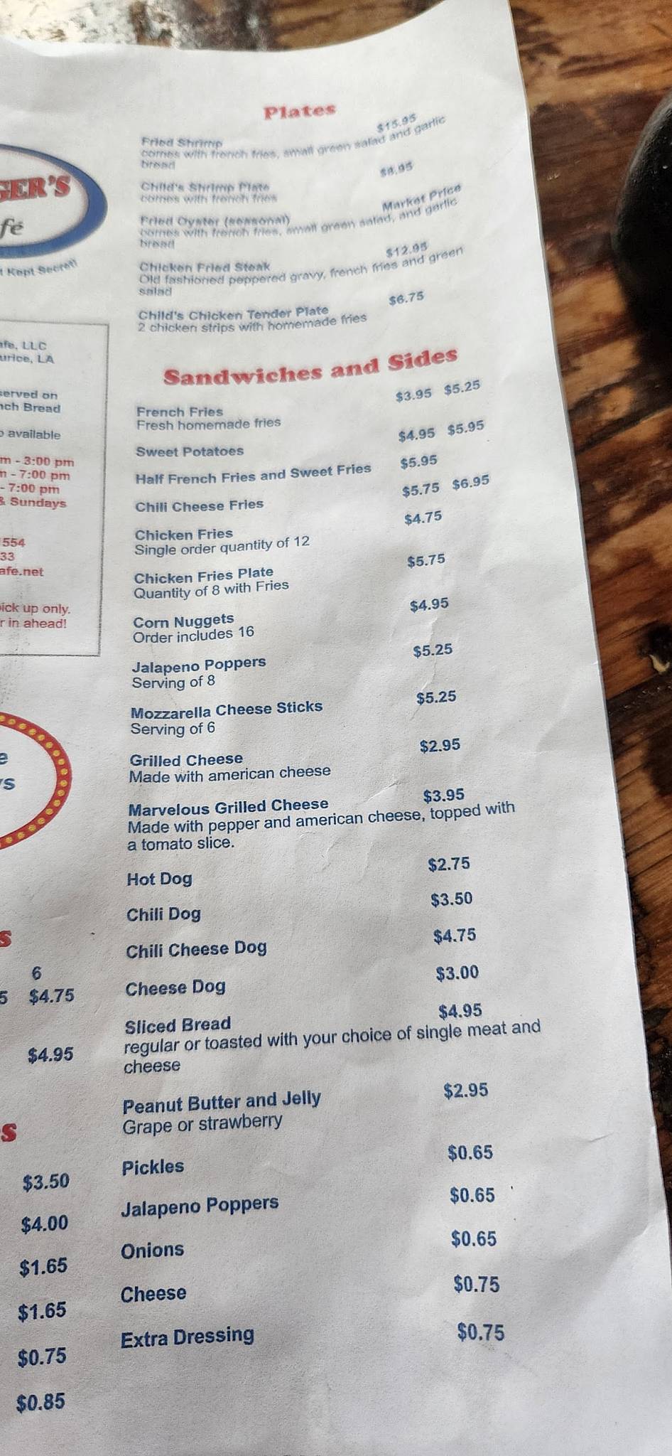 Menu at Villager's Cafe, Maurice