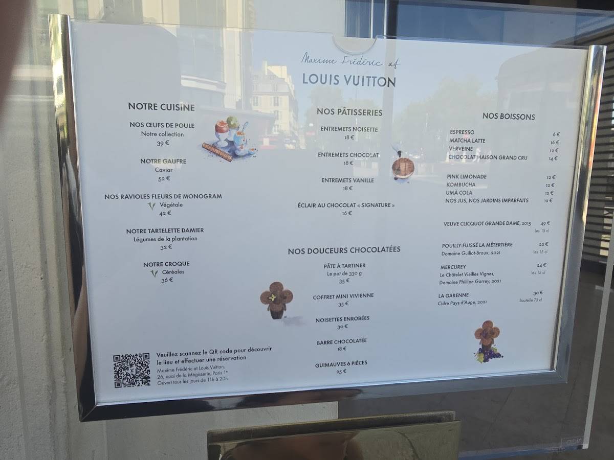Menu at Maxime Frédéric chez Louis Vuitton restaurant, Paris