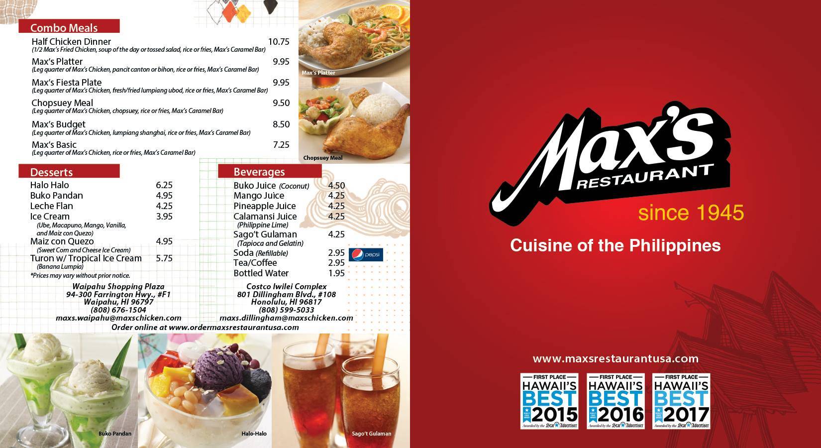Menu at Max's Restaurant Waipahu, Cuisine of the Philippines, Waipahu ...