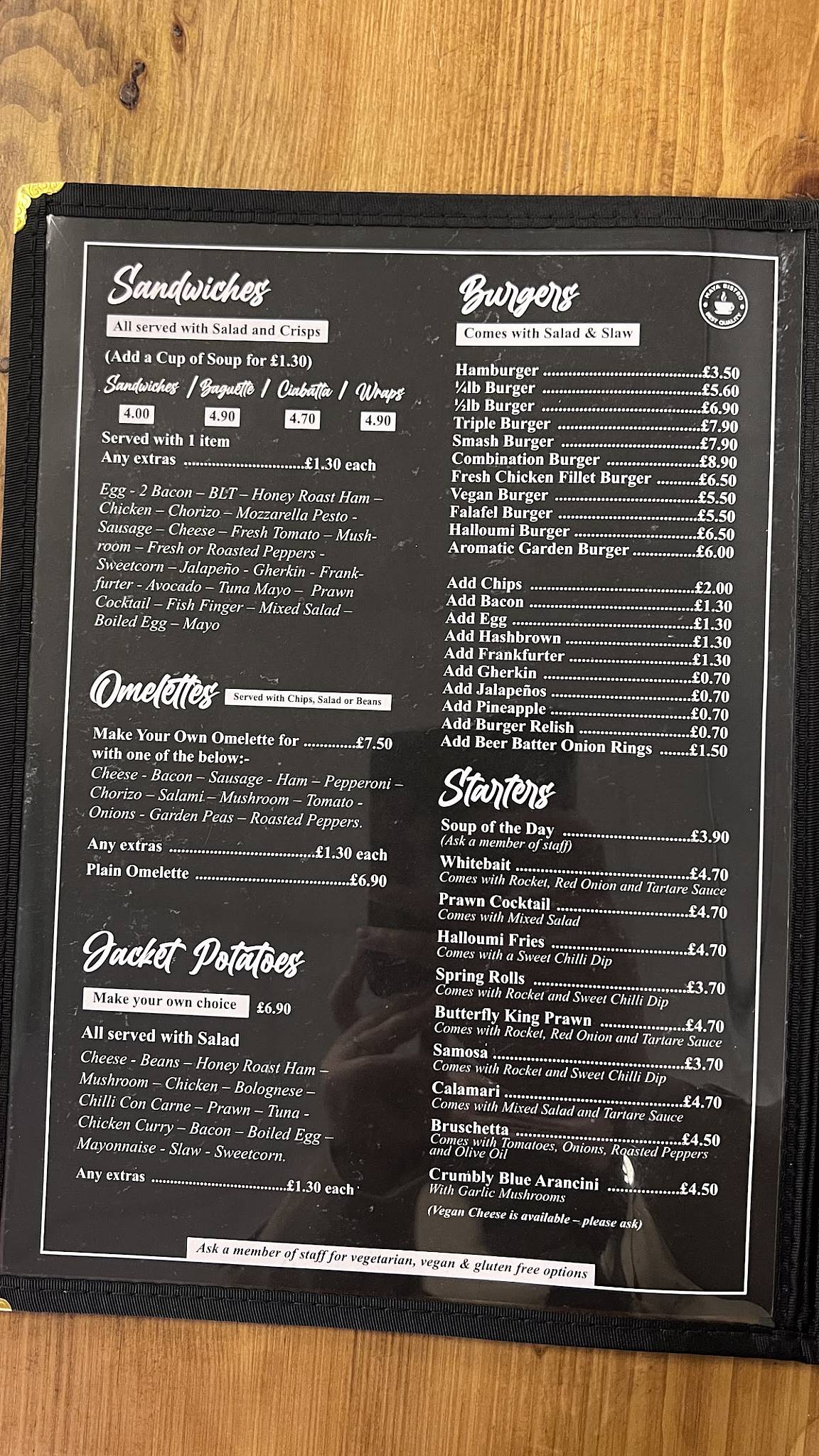Menu at Maya Bistro cafe, King's Lynn