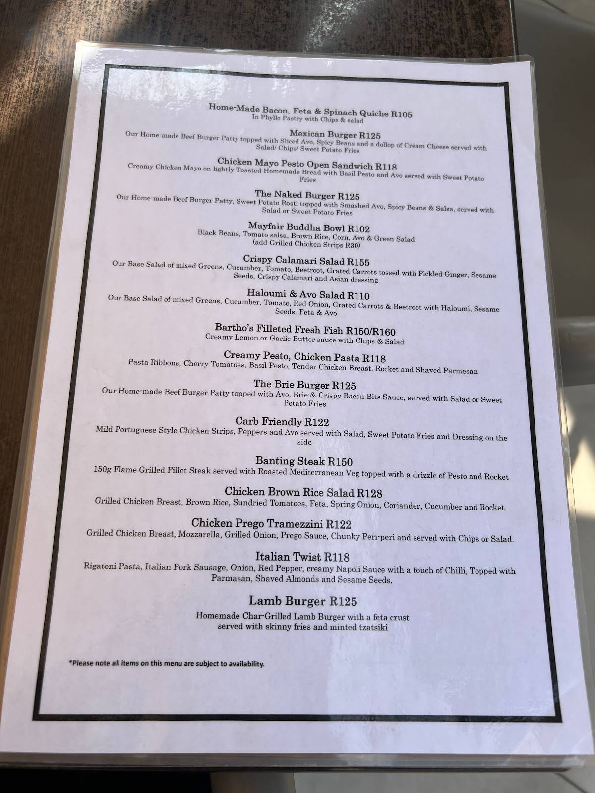 Menu at Mayfair Cafe., Durban