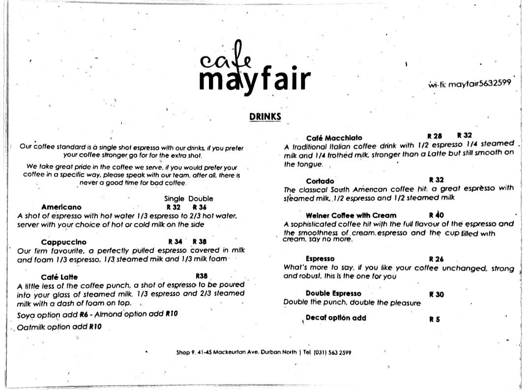 Menu at Mayfair Cafe., Durban